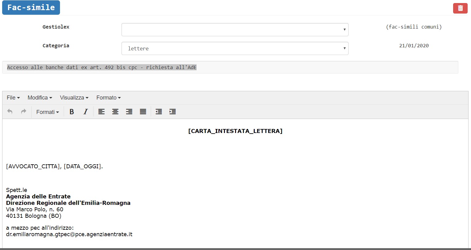 Gestiolex - Formulario: accesso alle banche dati ex art. 492 bis cpc – richiesta all’AdE